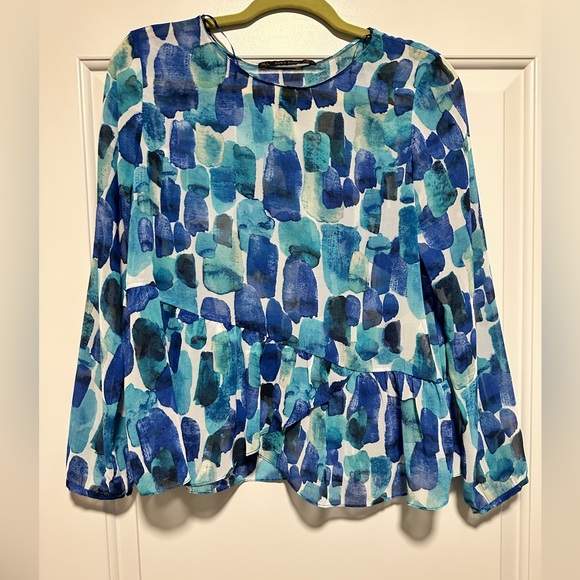 Zara | Tops | Zara Abstract Print Blue Watercolor Sheer Blouse | Poshmark